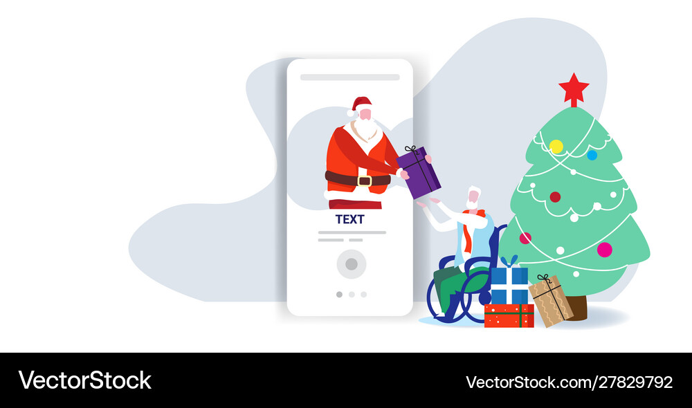 Santa claus from smartphone screen giving present Vector Image