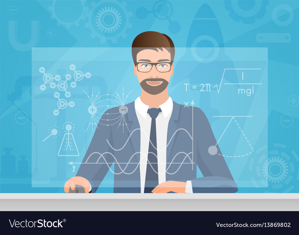 Bearded man physicist making the graphs formula Vector Image