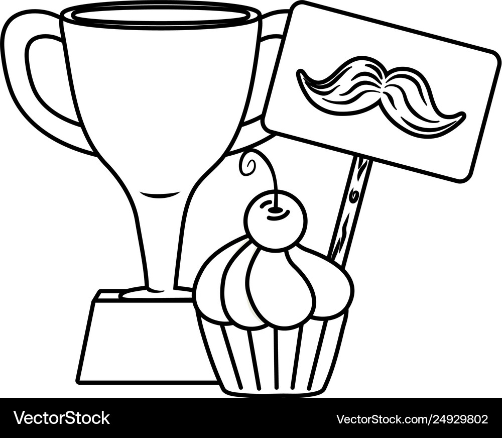 Trophy with moustache and muffin black white Vector Image