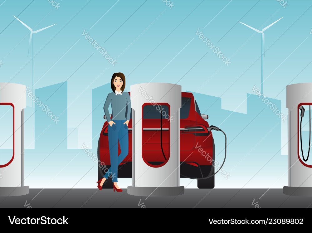 Woman with electric car Royalty Free Vector Image