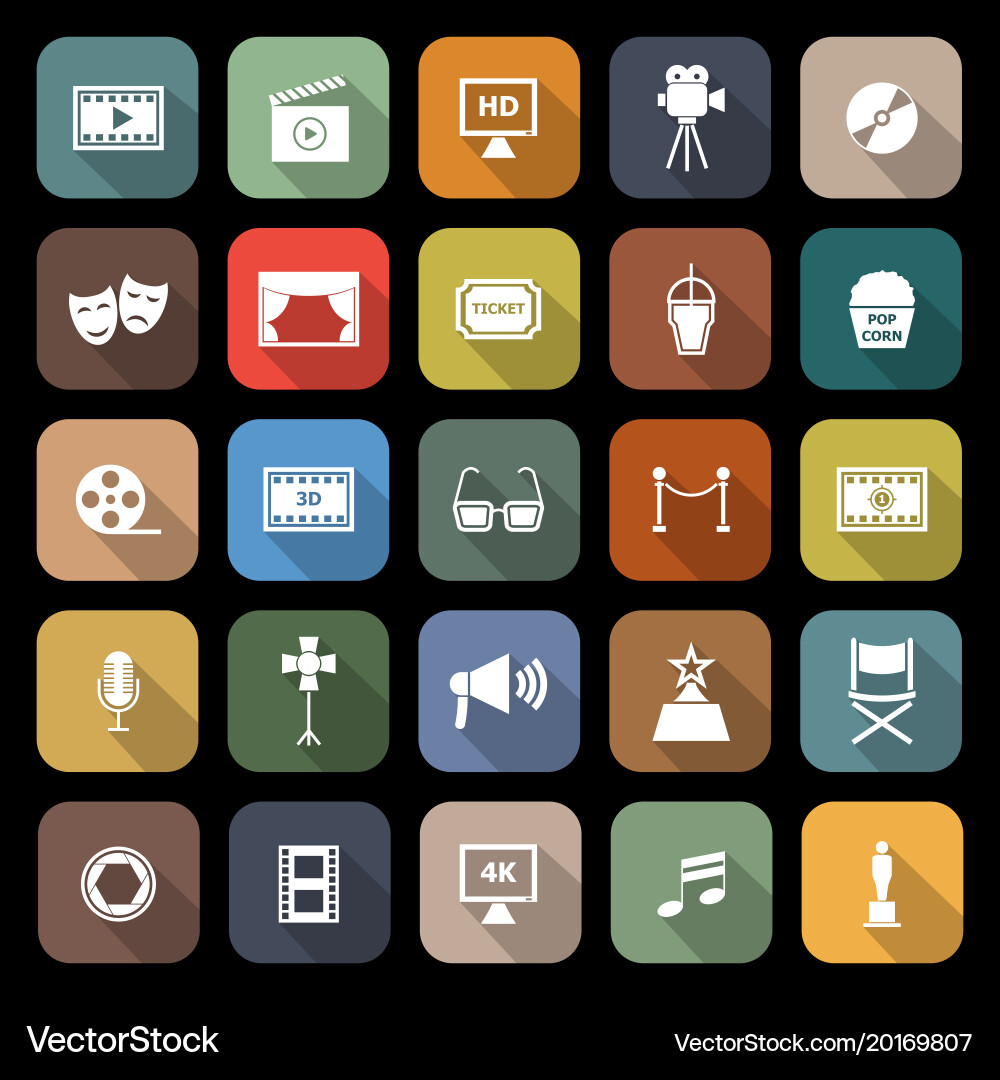 Movie flat icons with long shadow Royalty Free Vector Image