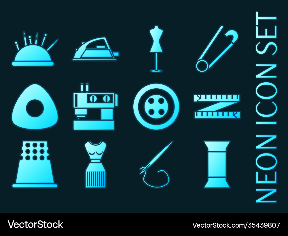 Sewing set icons blue glowing neon style Vector Image