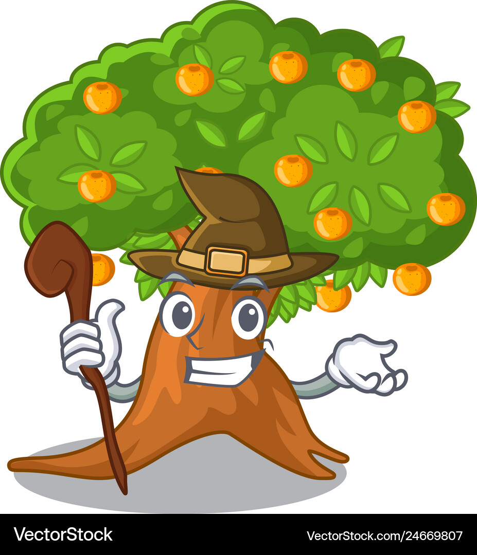 Witch cartoon orange tree beside house Royalty Free Vector