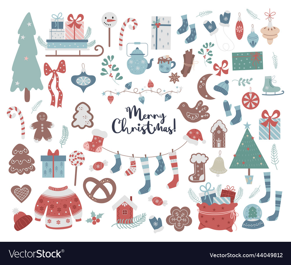 Big christmas set new years decor traditional Vector Image