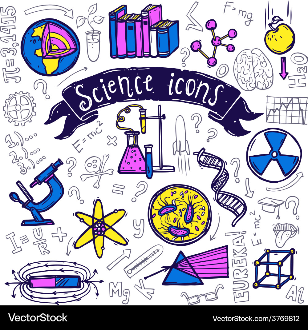 Science symbols icons doodle sketch Royalty Free Vector