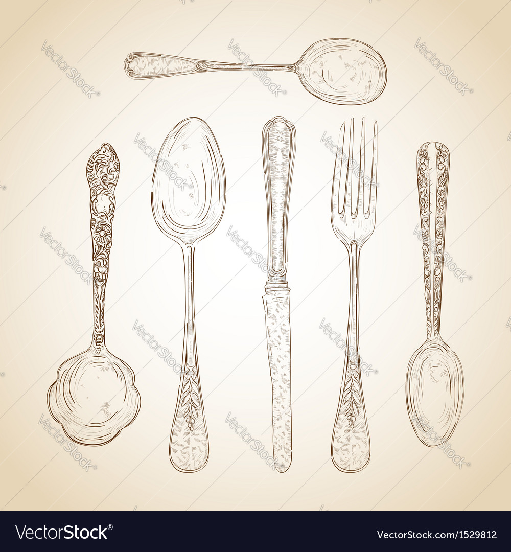Vintage cutlery hand drawn set Royalty Free Vector Image Vintage cutlery hand drawn set Royalty Free Vector Image