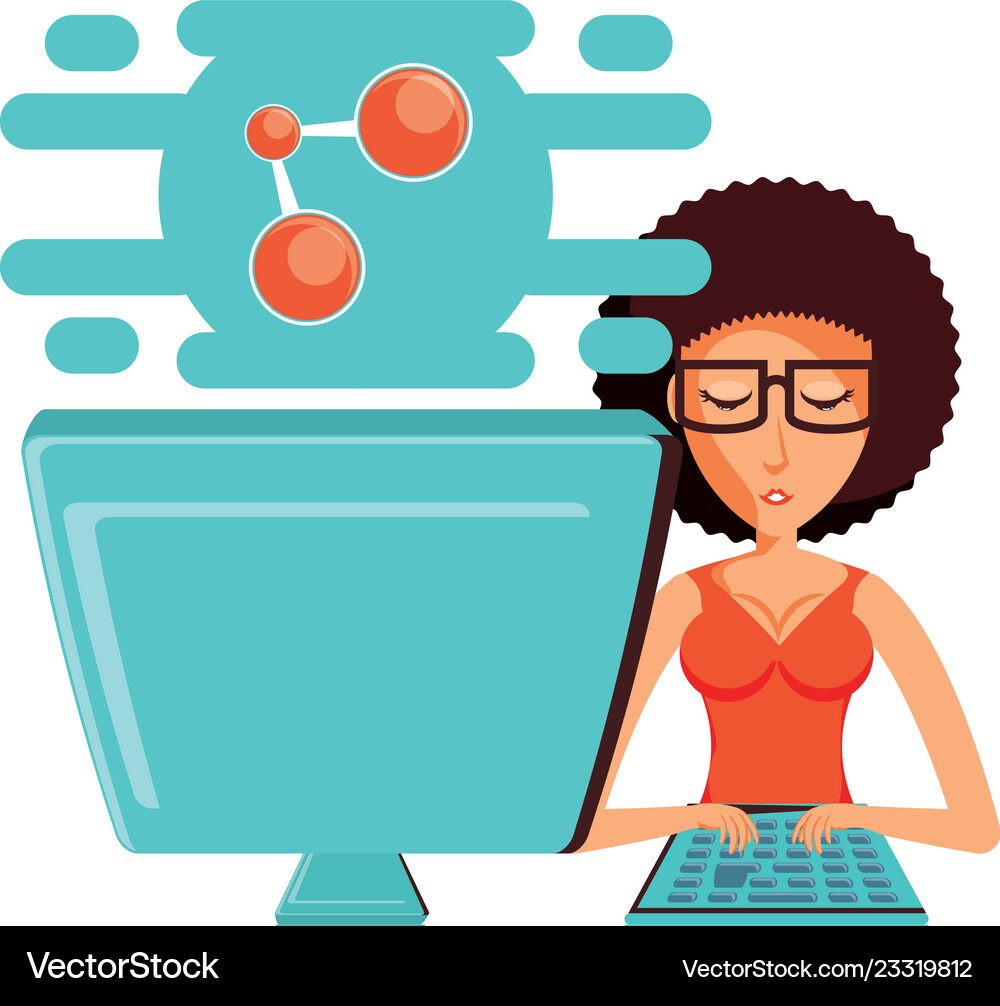 Woman with desktop computer and share symbol Vector Image