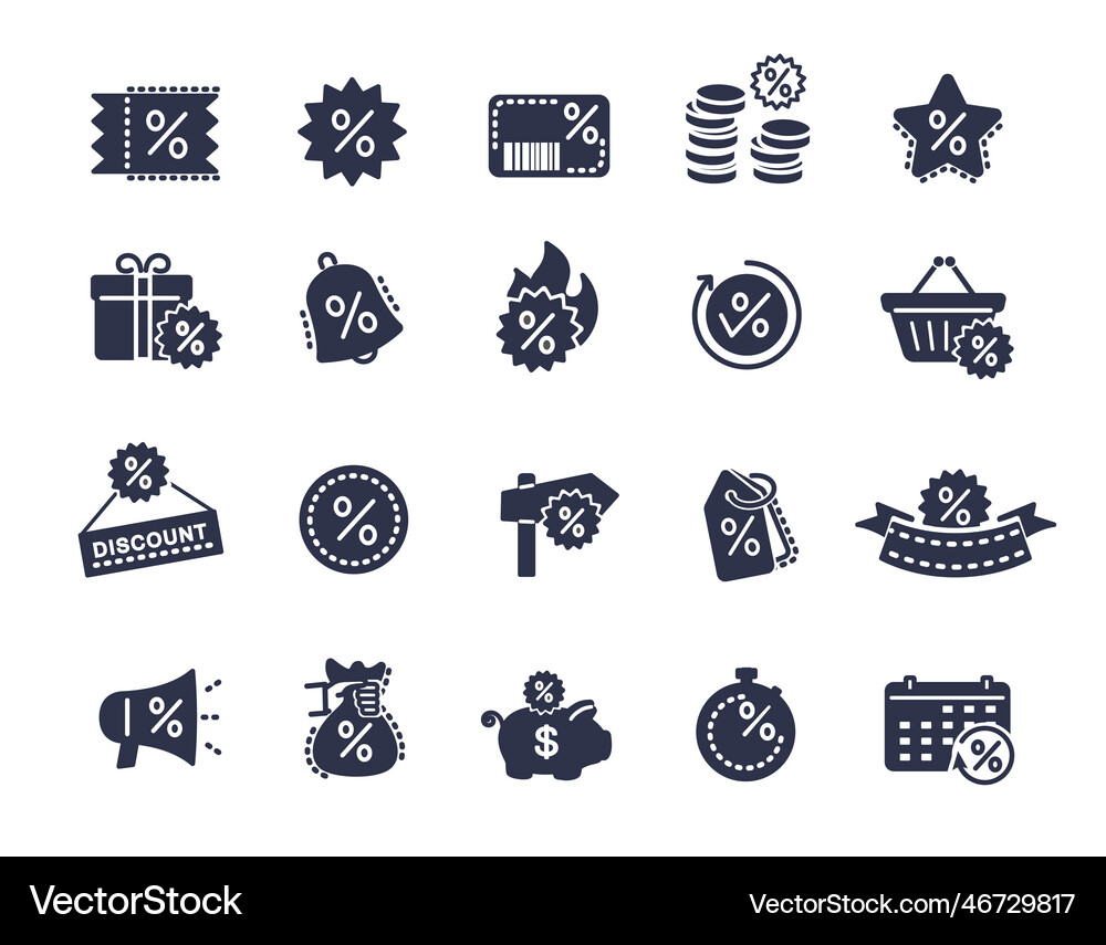 Discount card black icons set Royalty Free Vector Image