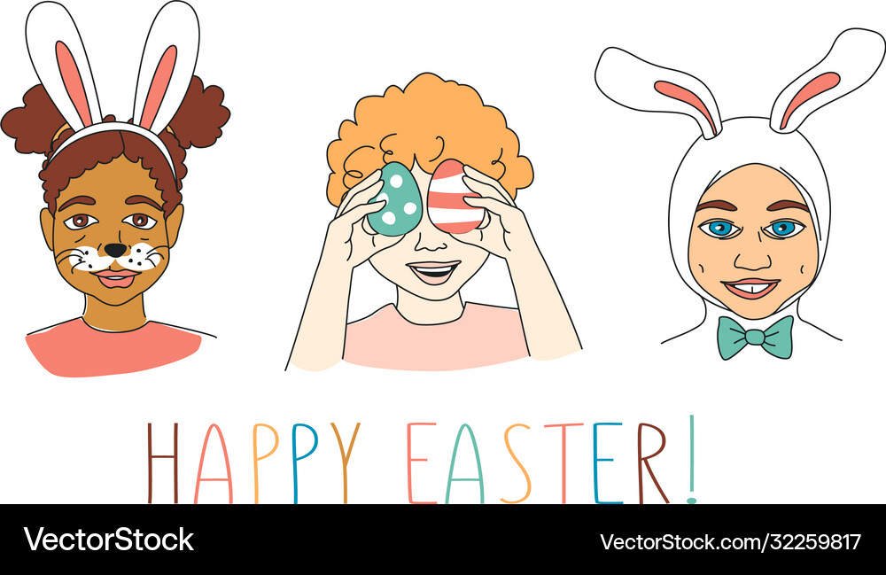 Diverse kids children heads happy easter Vector Image