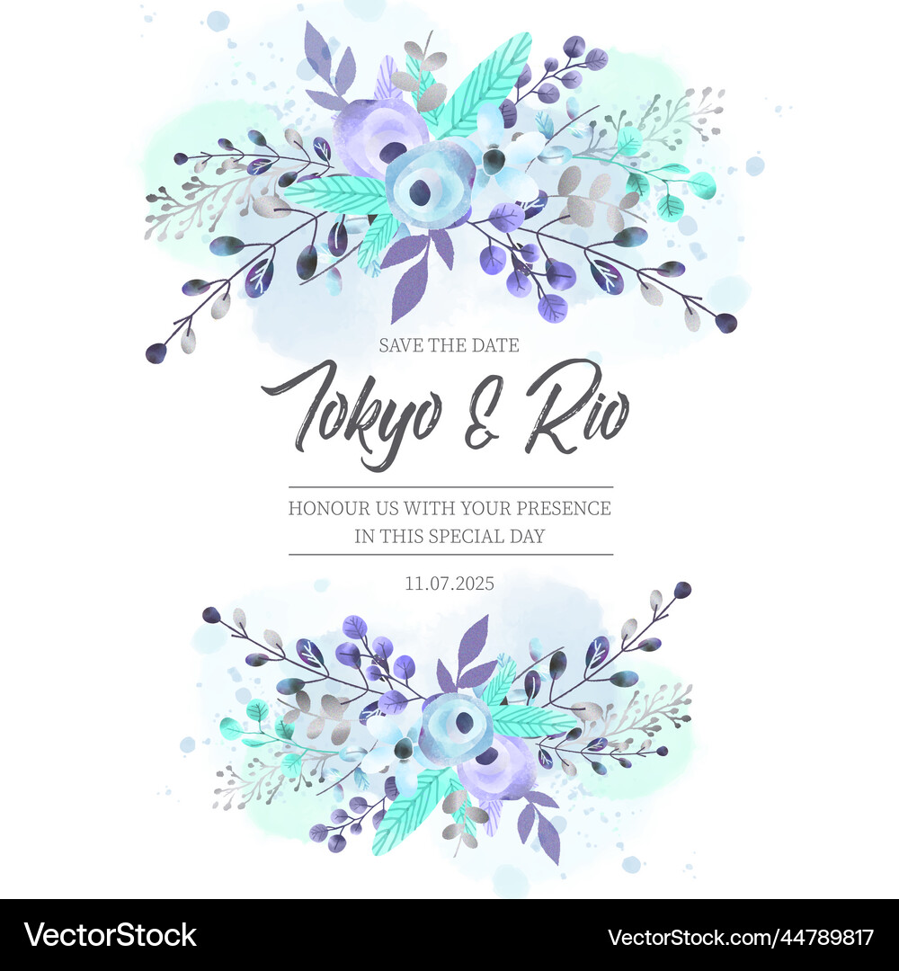 Wedding invitation with blue flowers design Vector Image