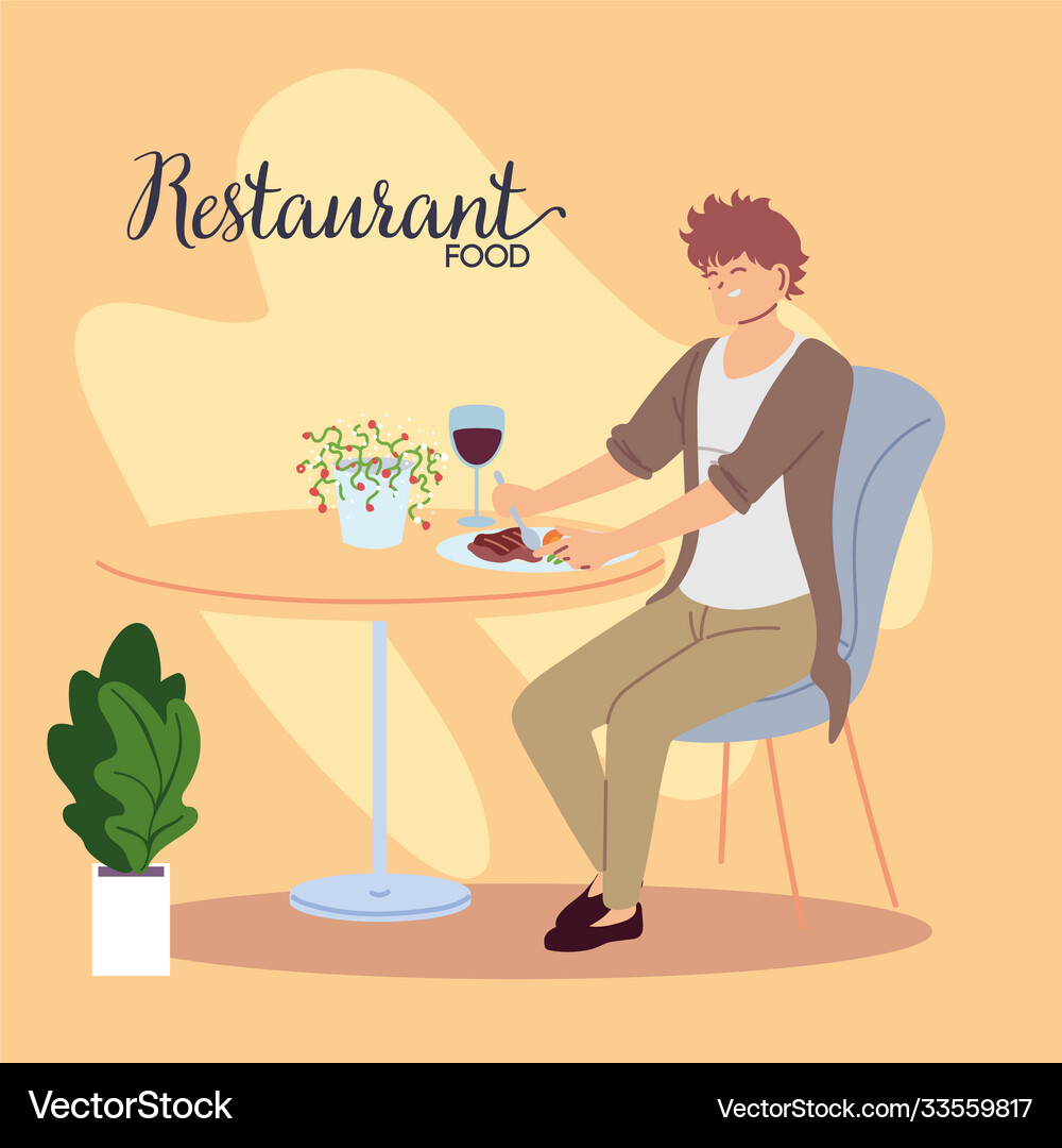 Young man sitting in a beautiful restaurant having