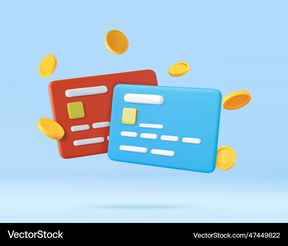 3d credit card floating coins around Royalty Free Vector