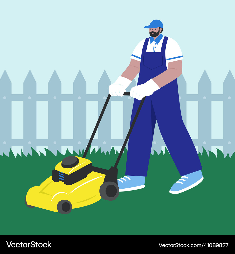 Person lawn mowing outdoors Royalty Free Vector Image