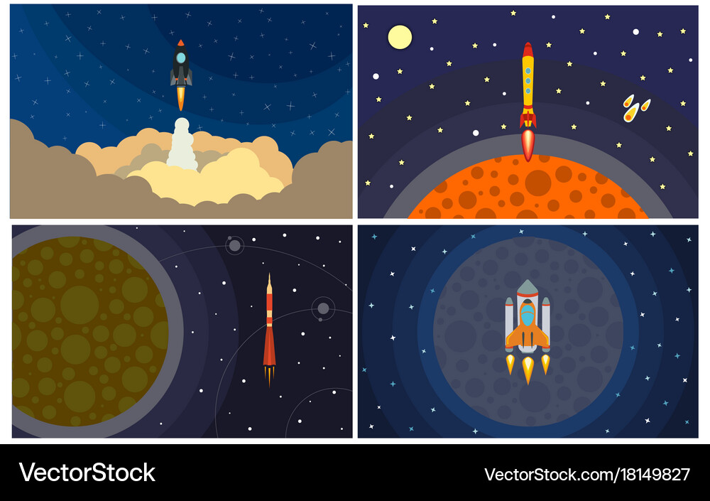 Set of four with flying rocket Royalty Free Vector Image