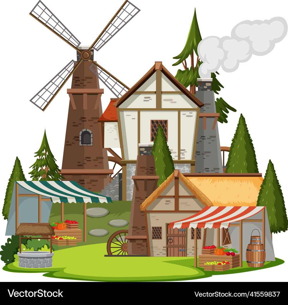 Ancient medieval village isolated on white Vector Image