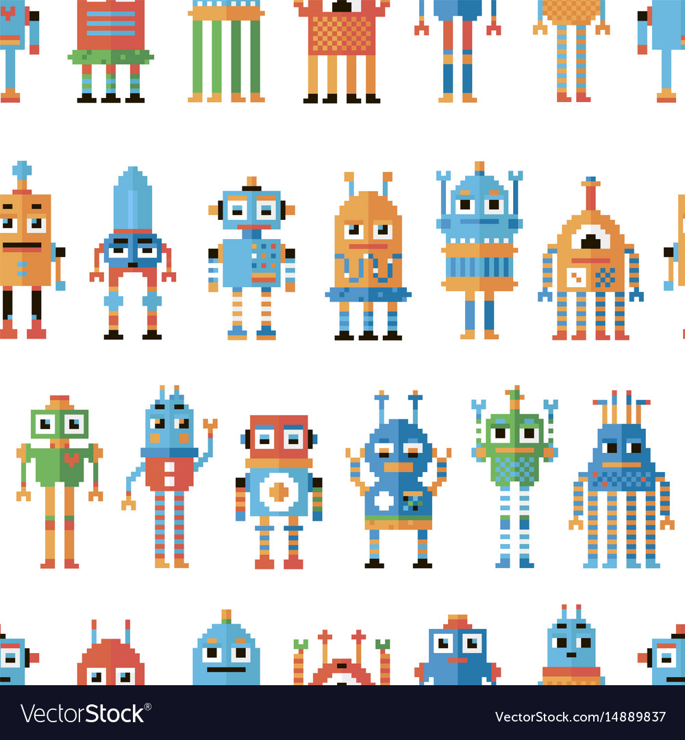 Seamless pattern with pixel robots Royalty Free Vector Image