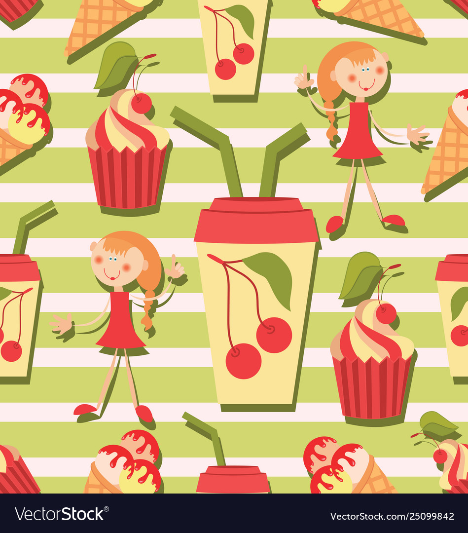 Girls juice and ice cream cake Royalty Free Vector Image