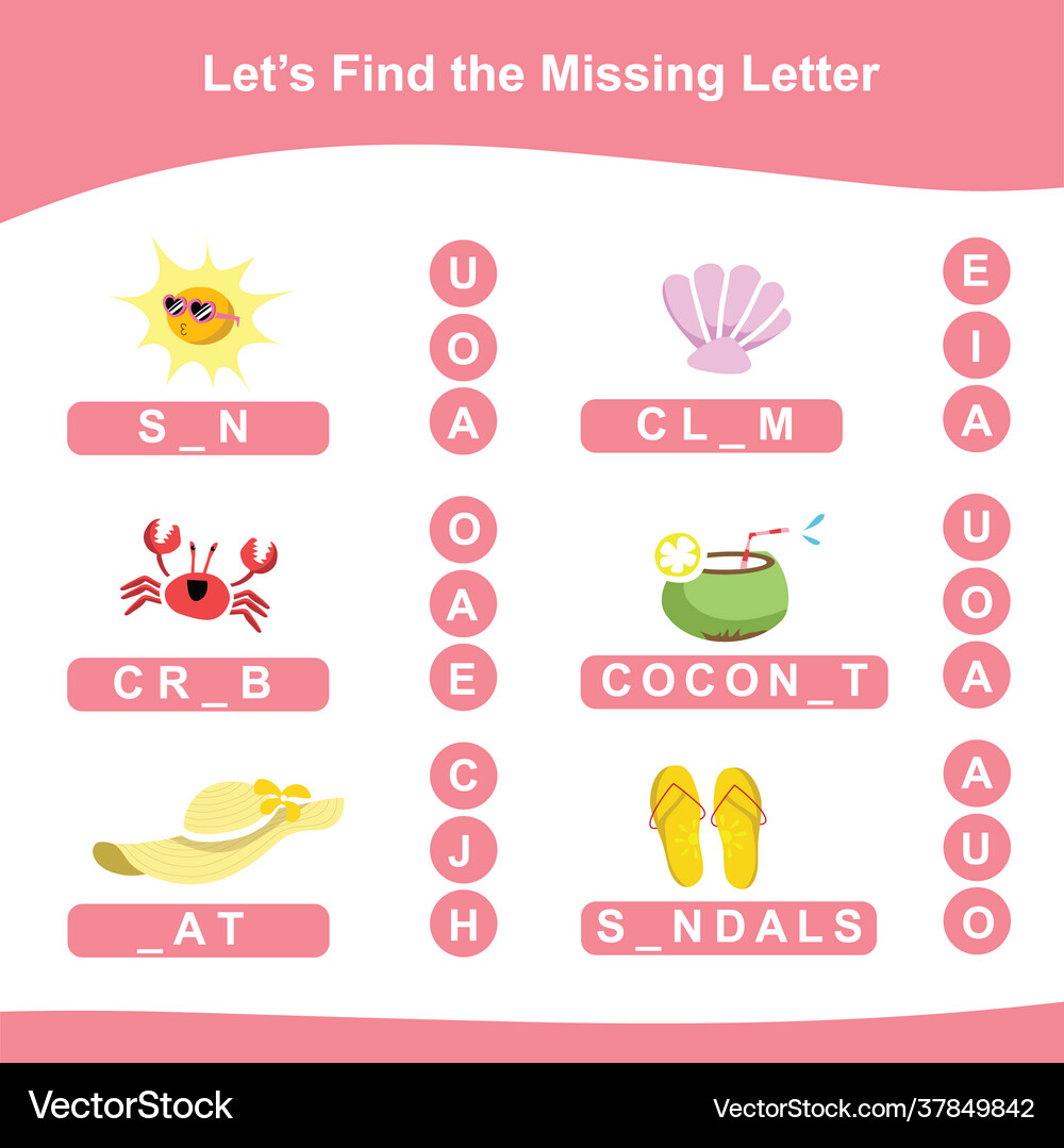 Summer game find missing letter game worksheet Vector Image