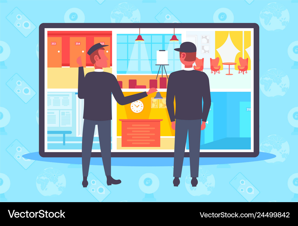 Two security guards looking monitor screen men Vector Image