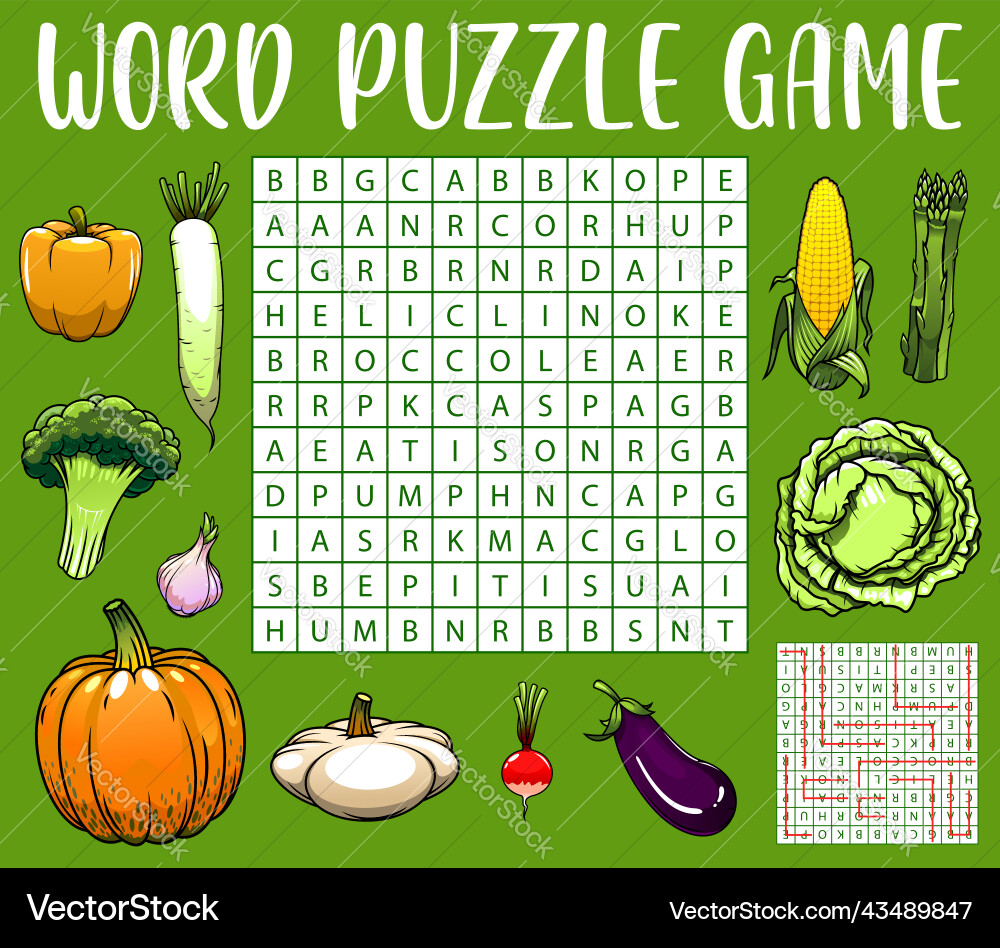 Farm vegetables on word search game worksheet Vector Image