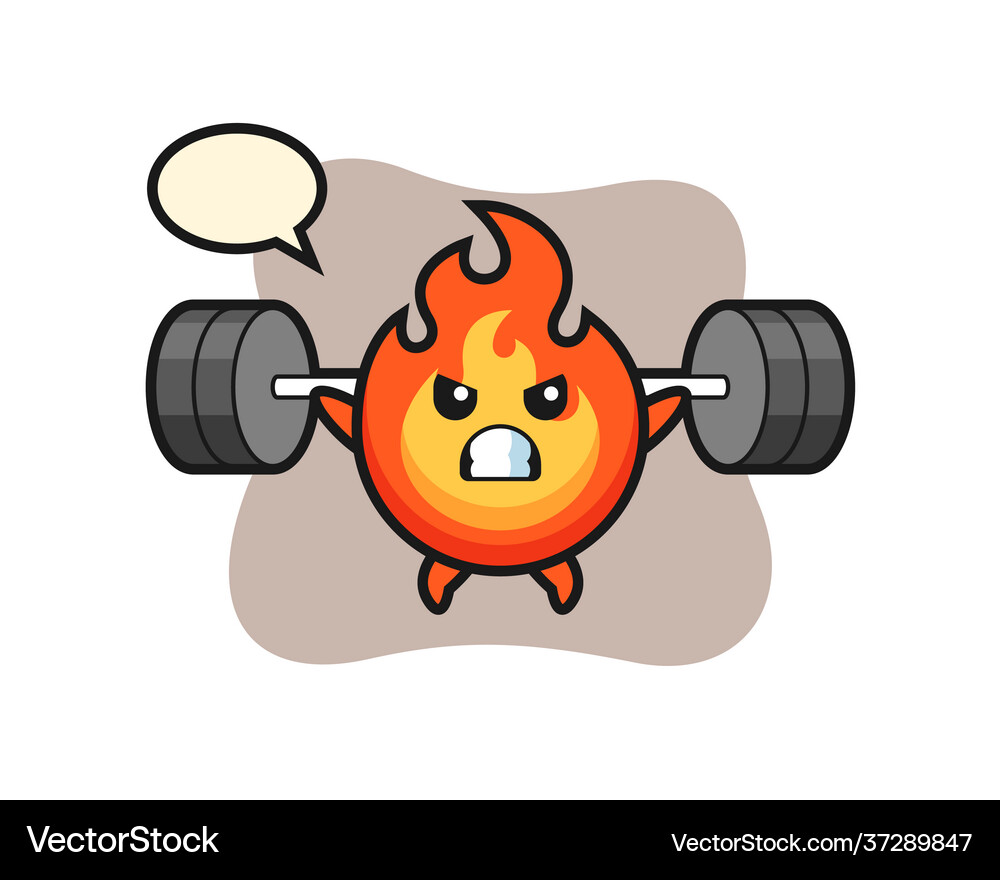 Fire mascot cartoon with a barbell Royalty Free Vector Image