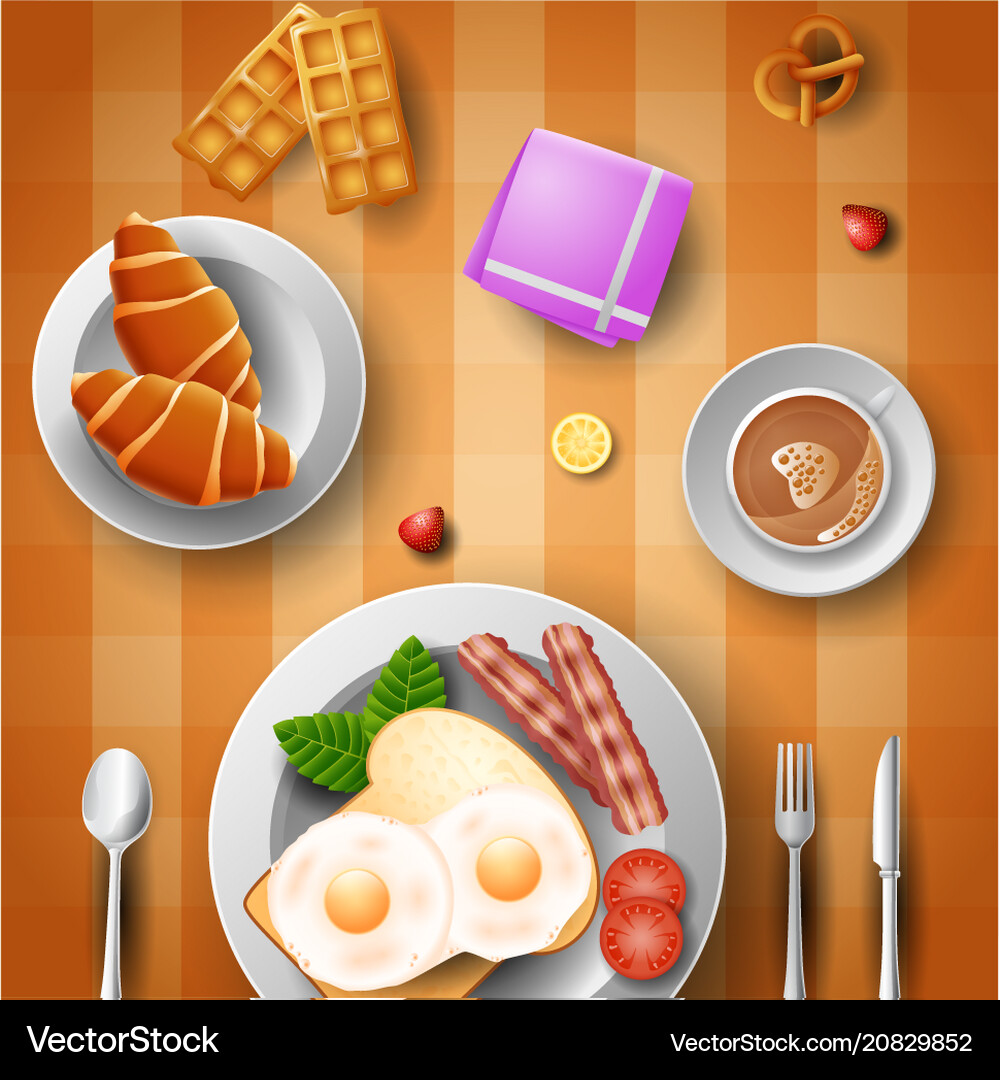 Breakfast with eggs bacon bread and cup of coffee Vector Image