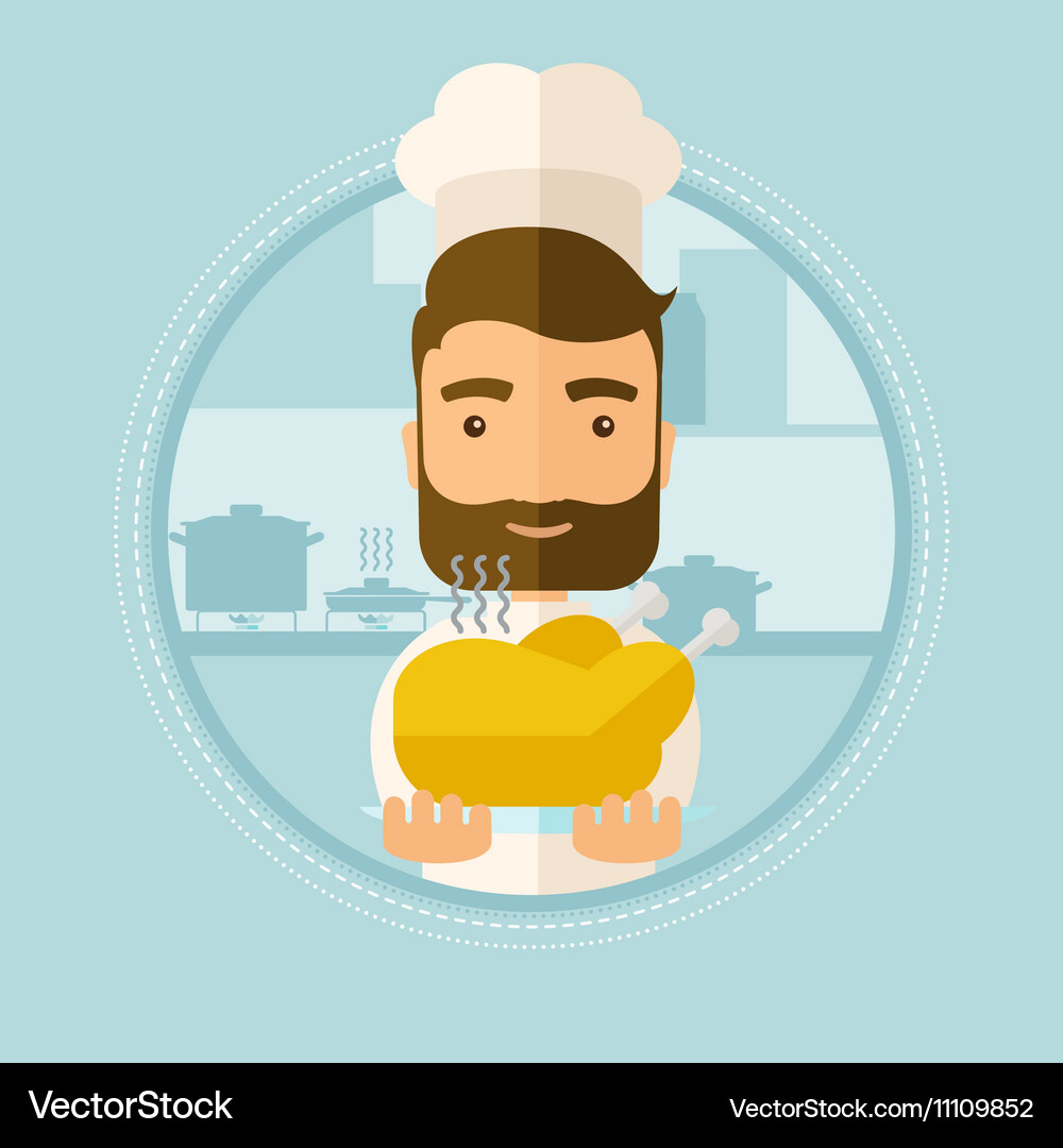 Chief cooker holding roasted chicken Royalty Free Vector