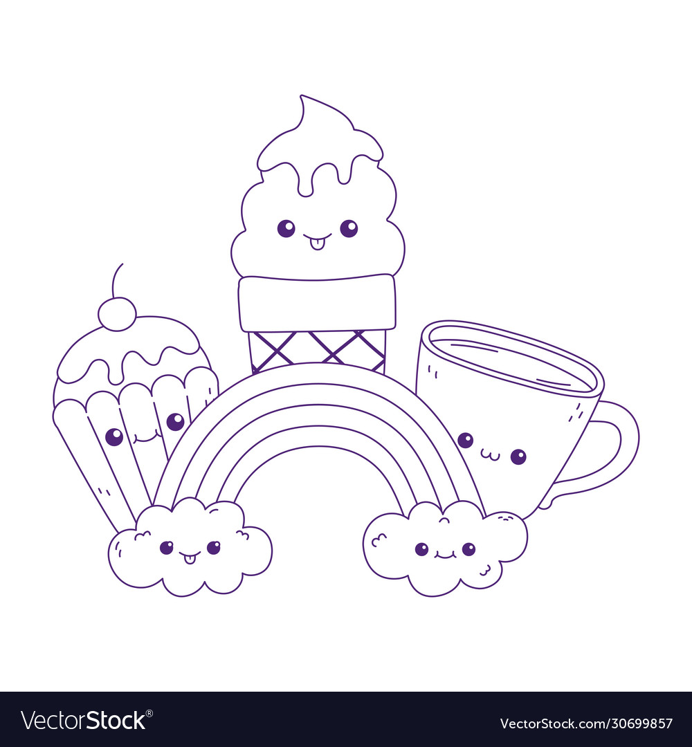 Cute cupcake ice cream coffee cup and rainbow Vector Image