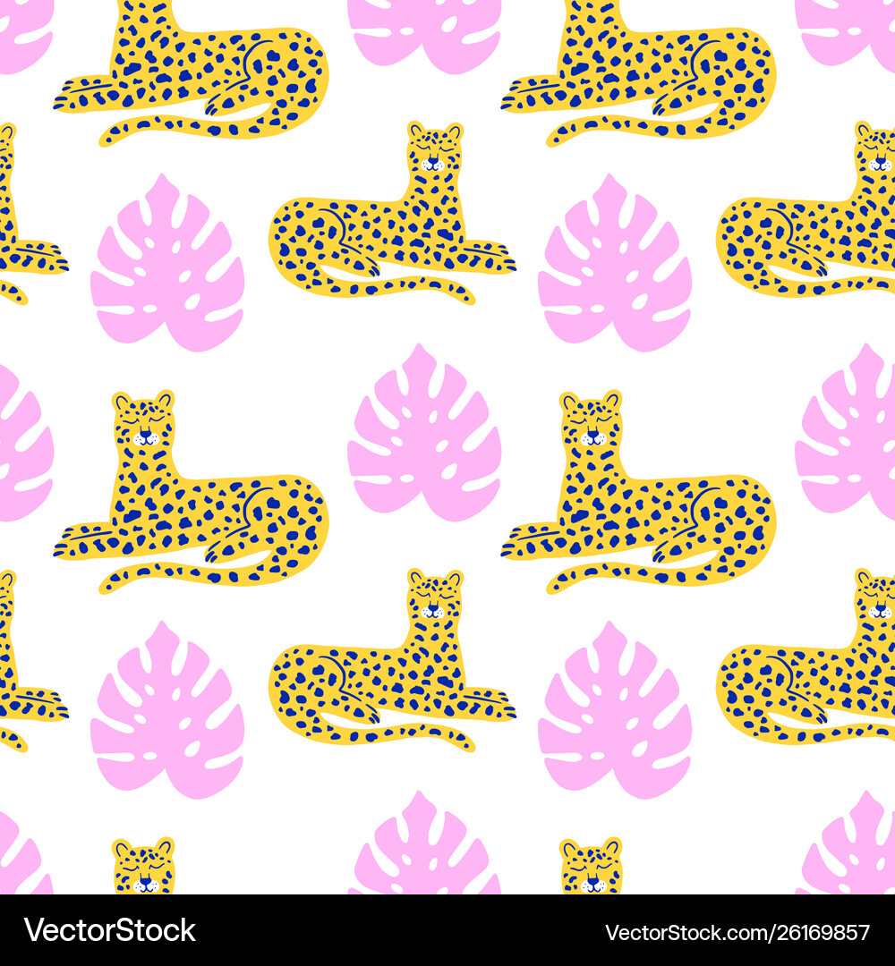 Leopard and tropical leaves animal pattern Vector Image