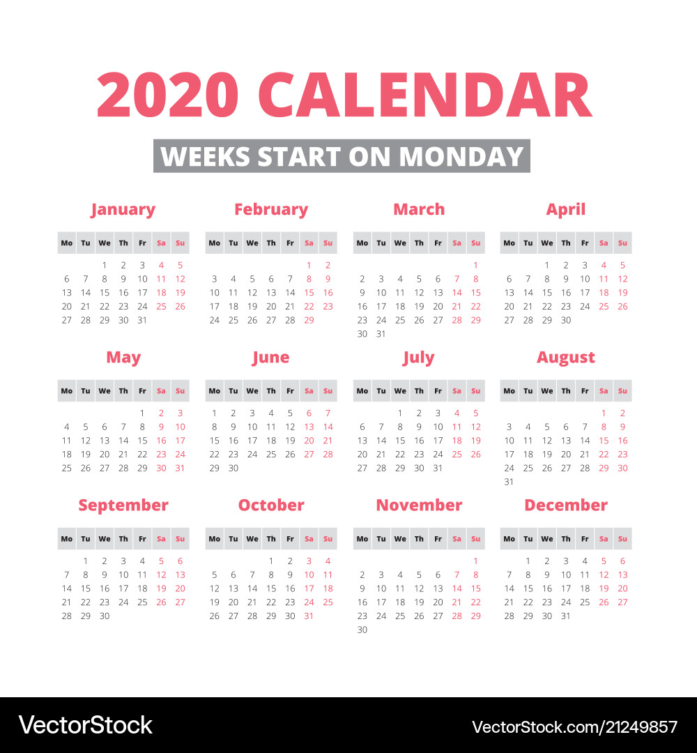 Simple 2020 year calendar Royalty Free Vector Image