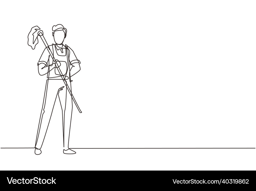 Continuous one line drawing happy male cleaning Vector Image