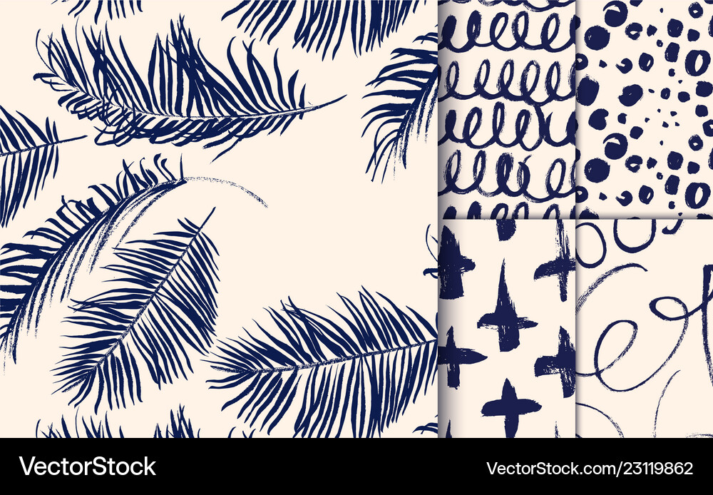 Set of blue patterns drawn with dry brush Vector Image