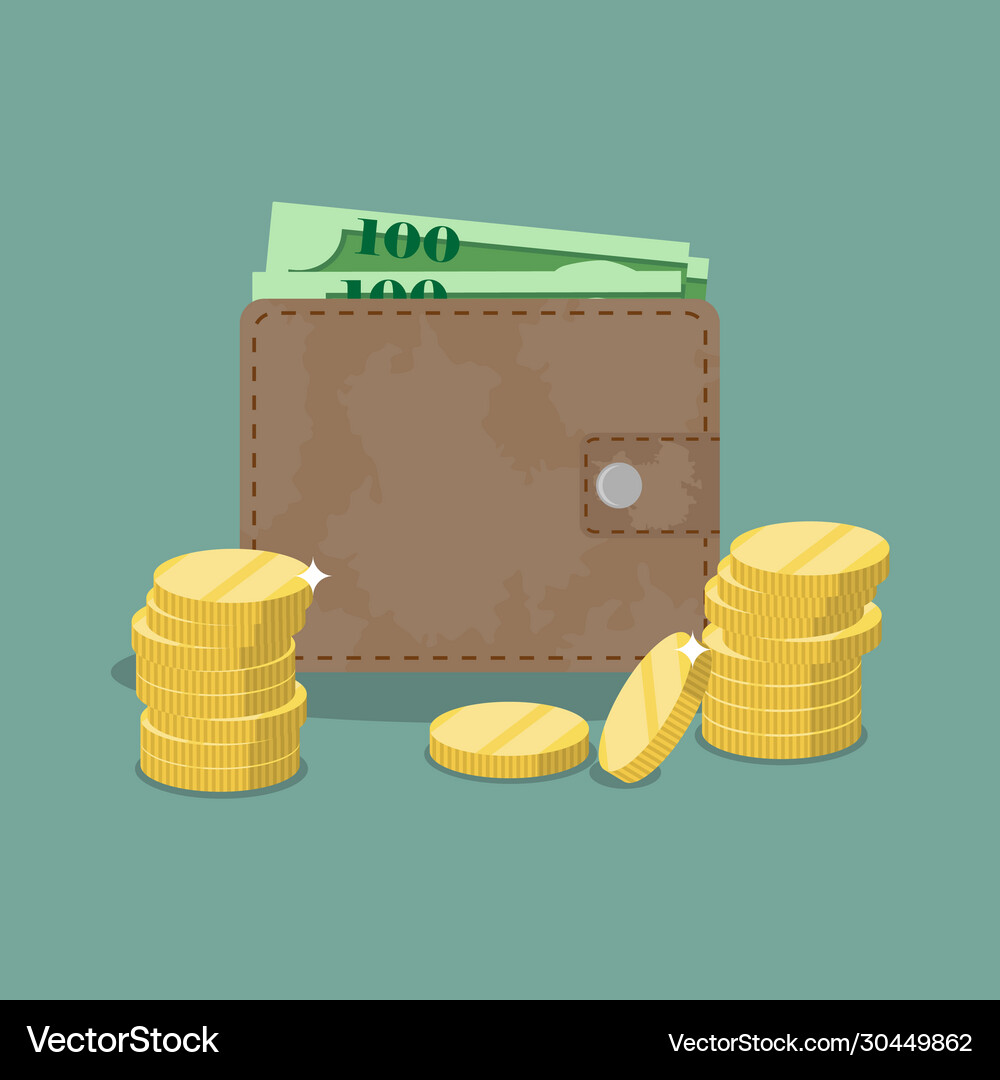 Wallet and gold coins in flat Royalty Free Vector Image