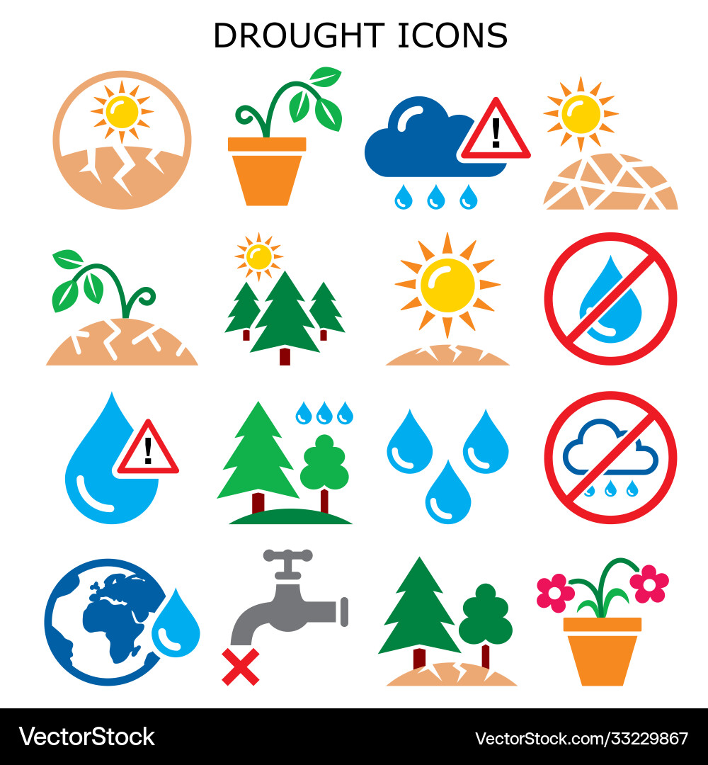 Drought natural disaster climate icons Royalty Free Vector
