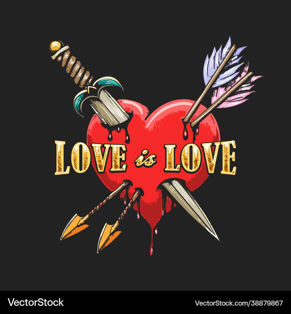 Heart pierced dagger and arrows wording Royalty Free Vector