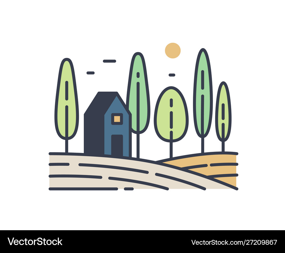 Simple rural landscape line art Royalty Free Vector Image