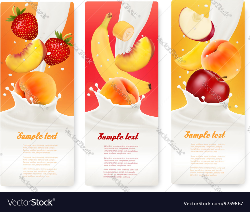 Three labels with different fruit falling Vector Image