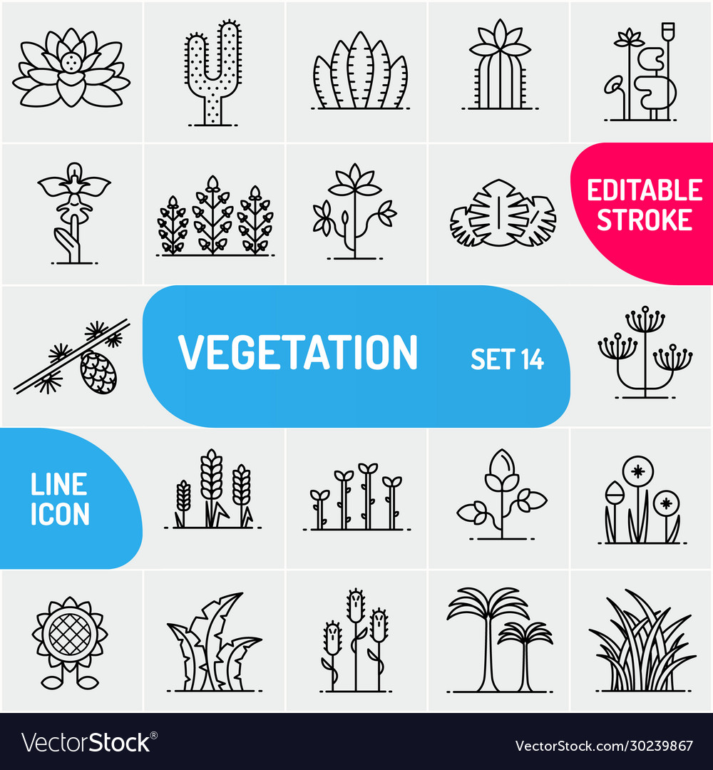 Vegetation line icons large set flowers Royalty Free Vector