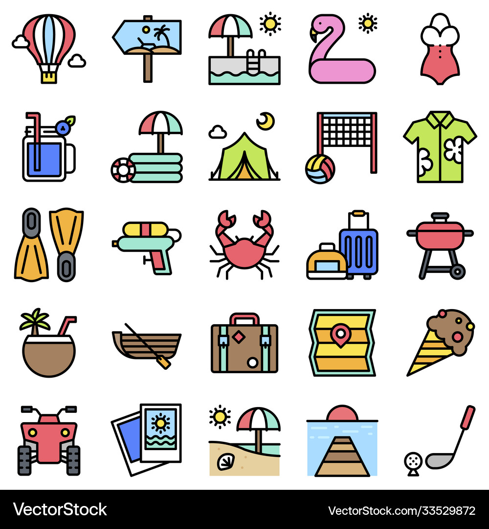 Summer vacation related icon set 2 filled style Vector Image