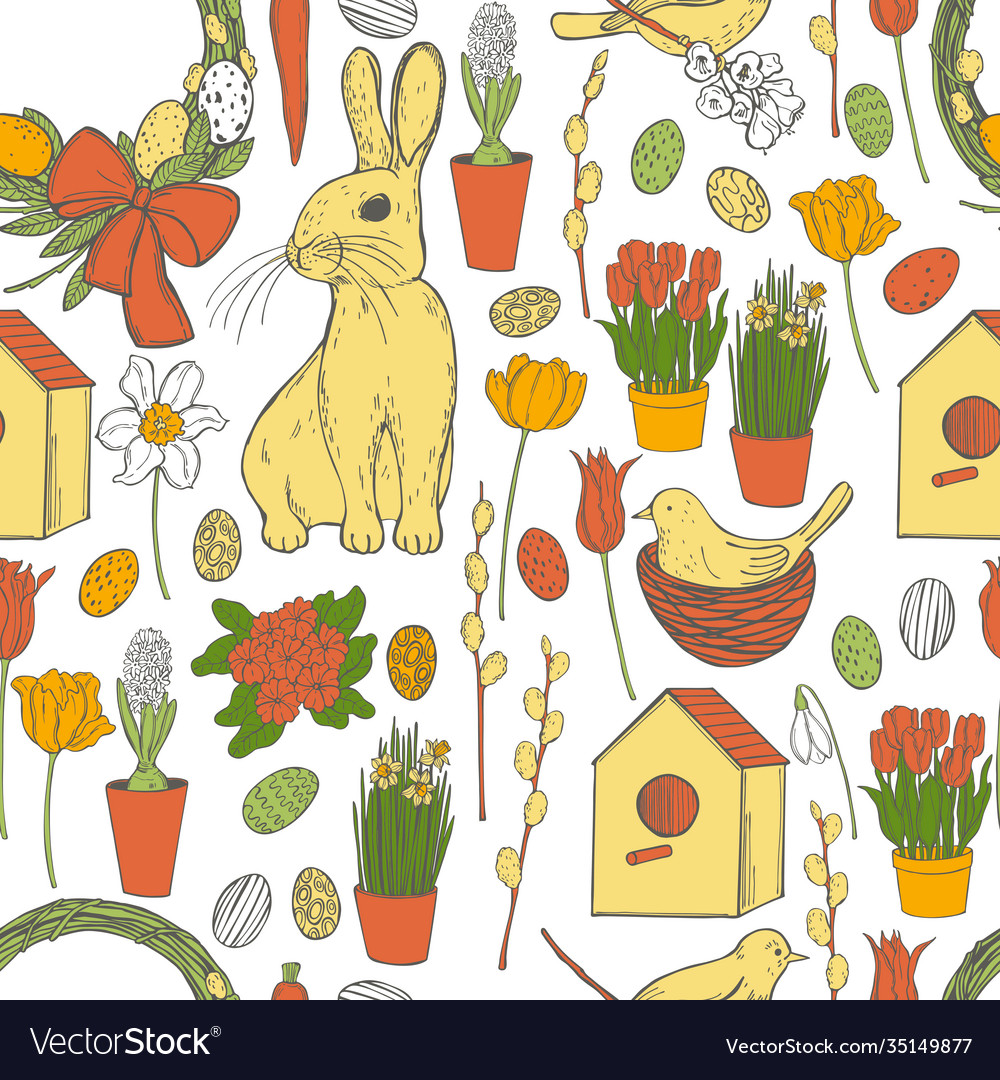 Pattern with easter bunny and spring flowers Vector Image