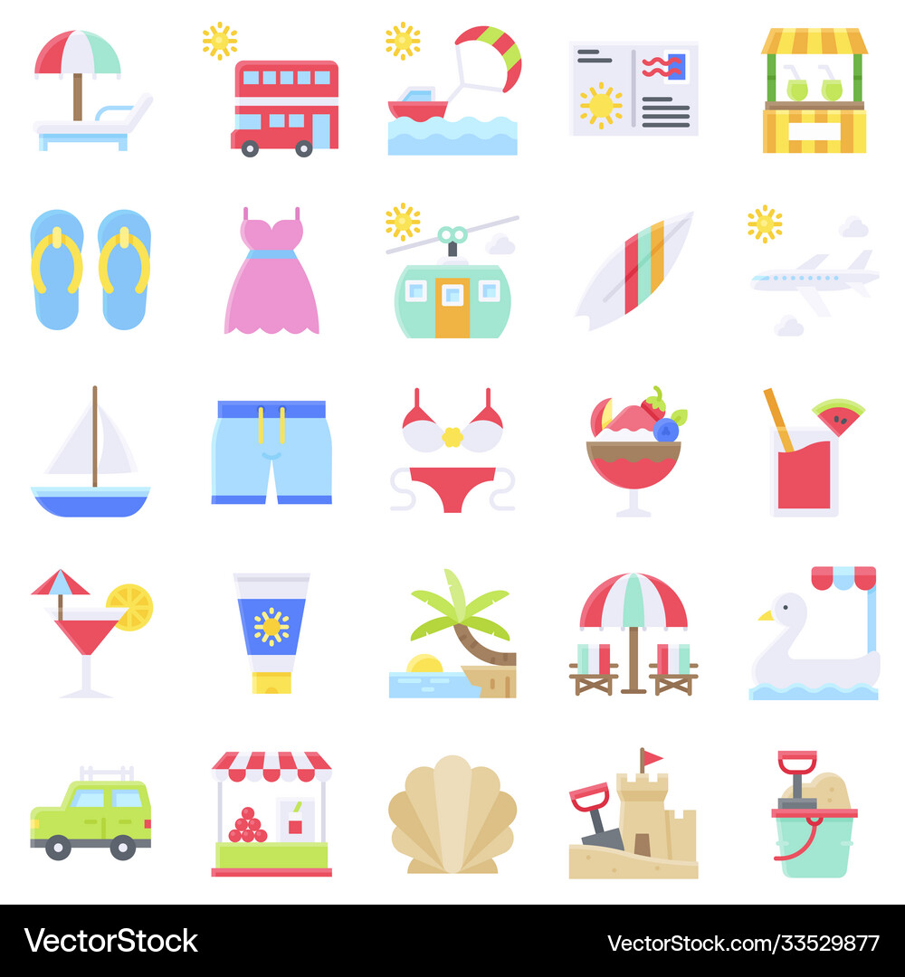 Summer Vacation Icon Set - Beach & Travel Vector Image