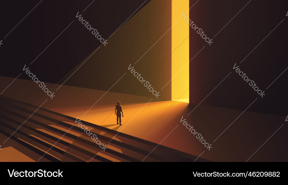 A man standing huge open btight entrance Vector Image