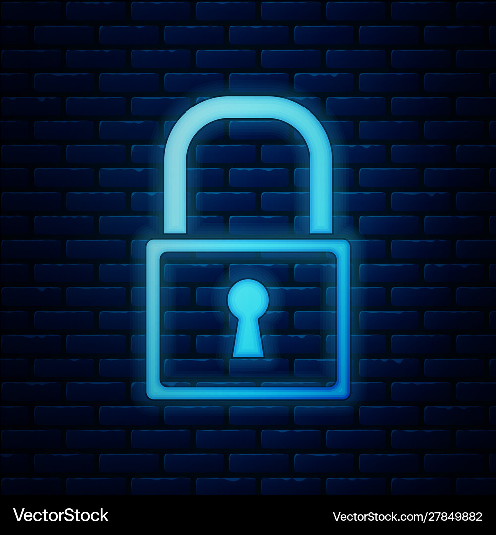 Glowing neon lock icon isolated on brick wall Vector Image