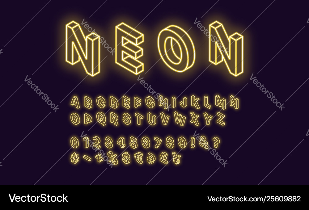 Neon isometric alphabet yellow color font Vector Image