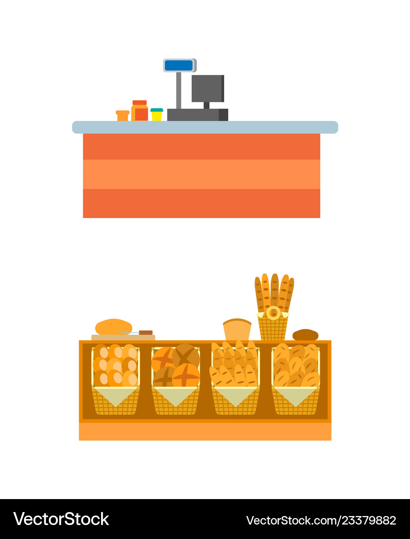 Supermarket empty seller counters and desks Vector Image