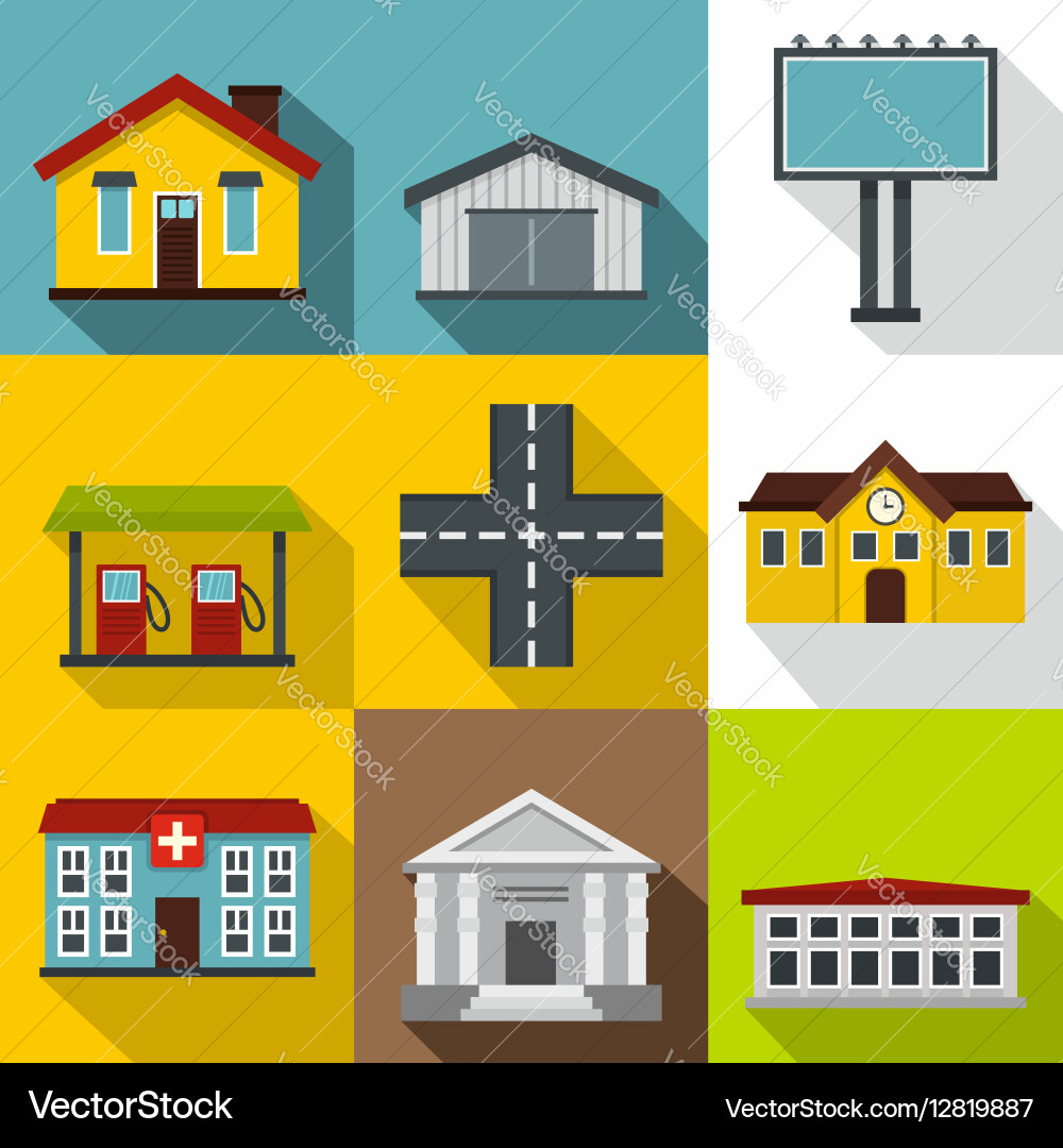 City buildings icons set flat style Royalty Free Vector