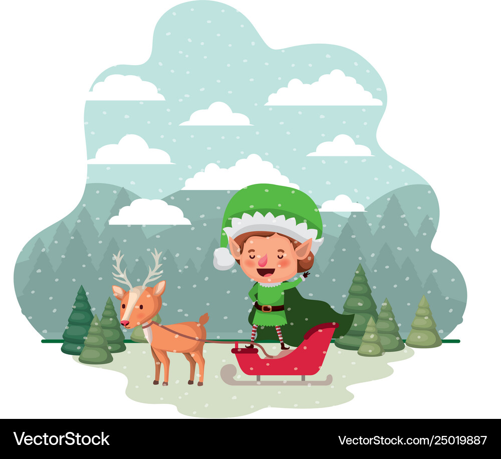 Elf with sleigh and christmas trees with falling Vector Image
