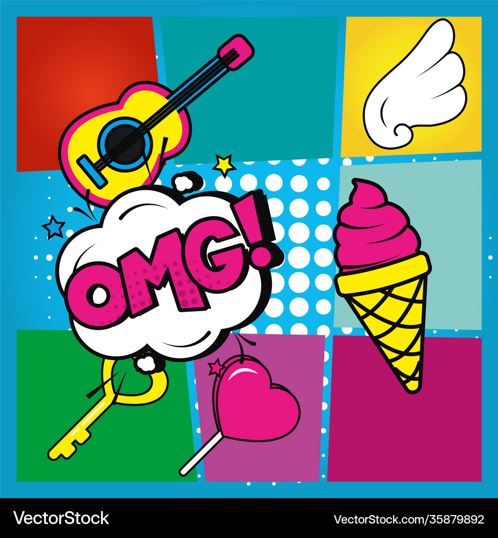 Pop art omg explosion bubble guitar and ice cream Vector Image