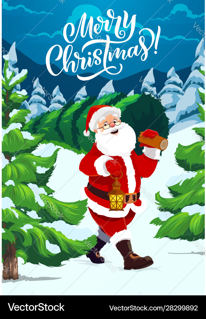 Santa carrying christmas tree night winter forest Vector Image