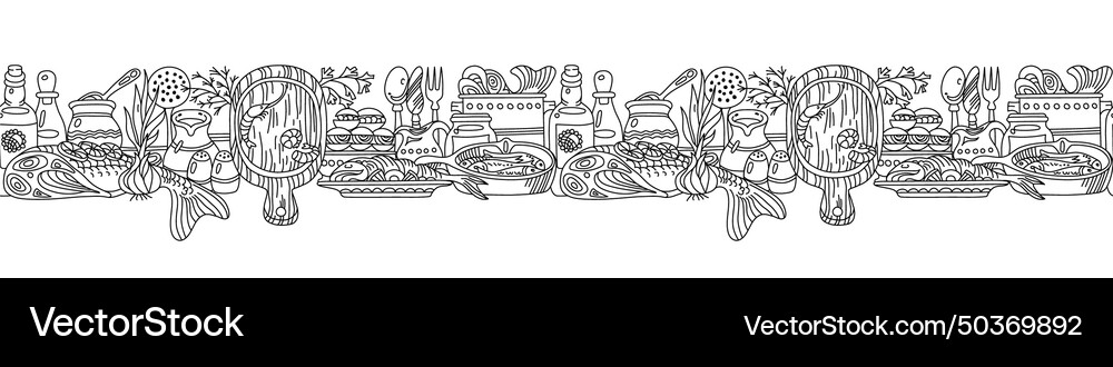 Seamless border with kitchen utensils and seafood Vector Image